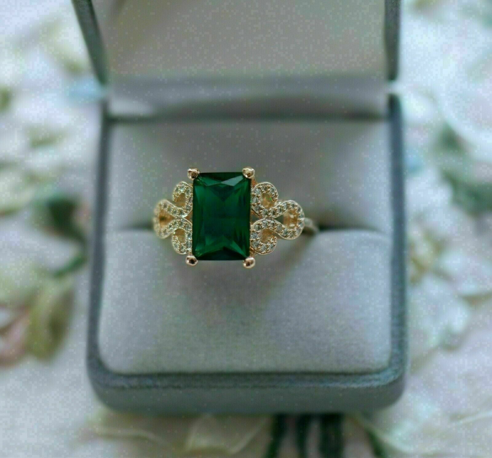 3Ct Emerald Cut Green Emerald 14K Yellow Gold Finish Engagement ...