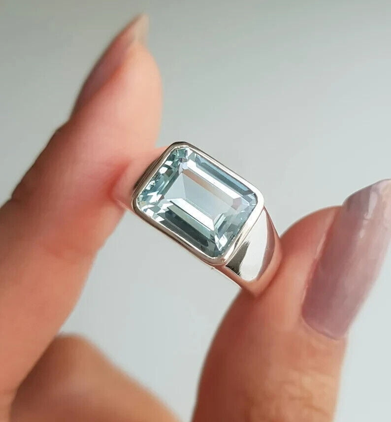 3Ct Emerald Cut Lab-Created Blue Aquamarine Solitaire Women's WeddingRing 14K White Gold Finish ...