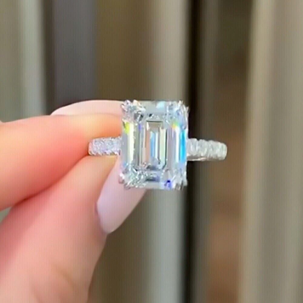 3Ct Emerald Cut Lab Created Diamond Wedding Ring 14K White Gold Plated ...
