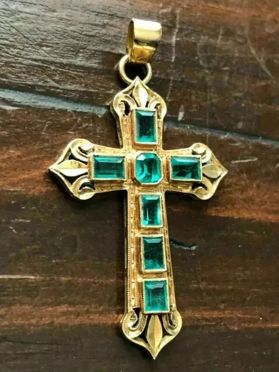 3Ct Emerald Cut Lab Created Green Emerald Cross Pendant 14k Yellow Gold ...