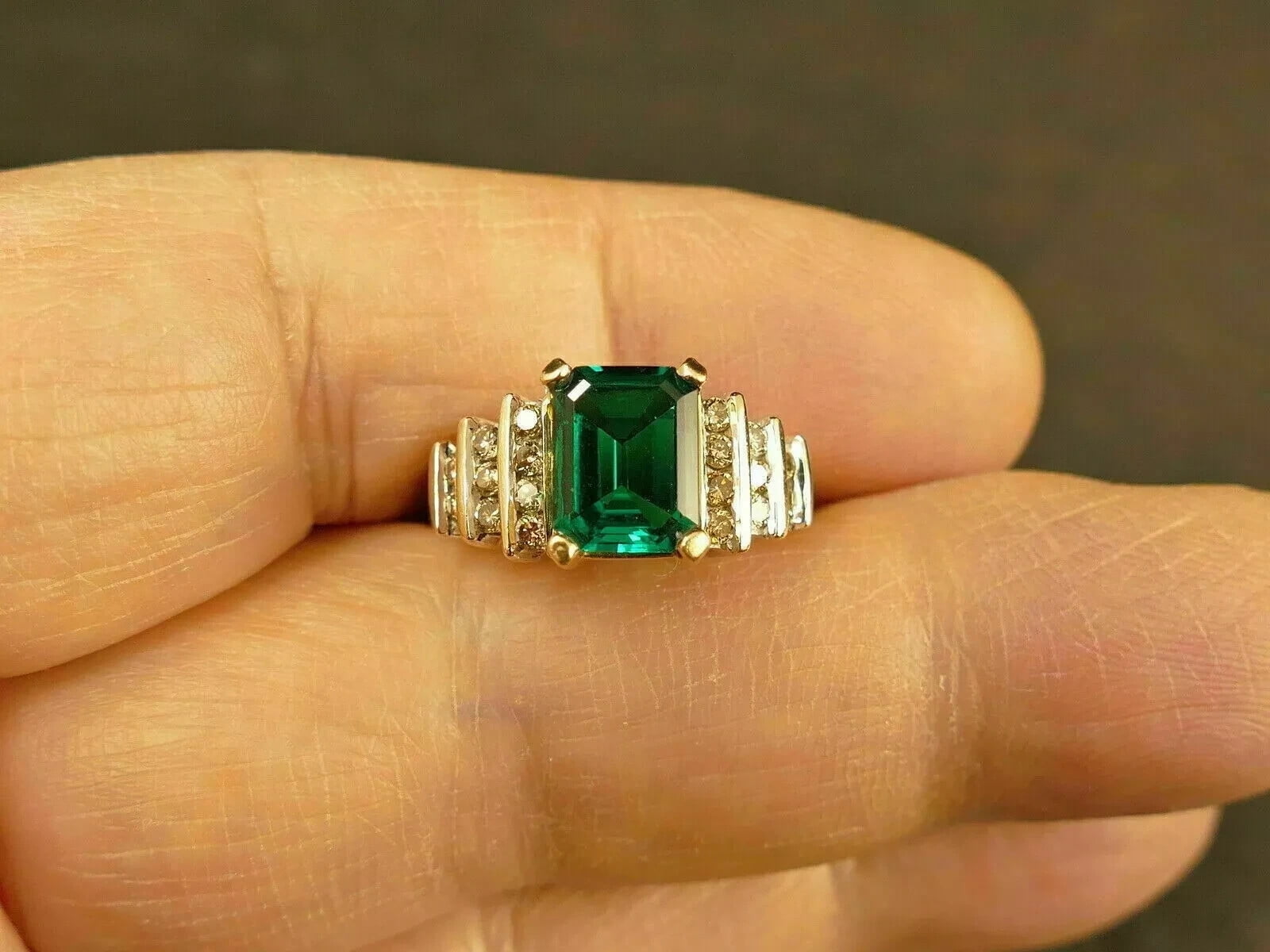 3Ct Emerald Cut Lab Created Green Emerald Engagement Ring 14K Yellow ...