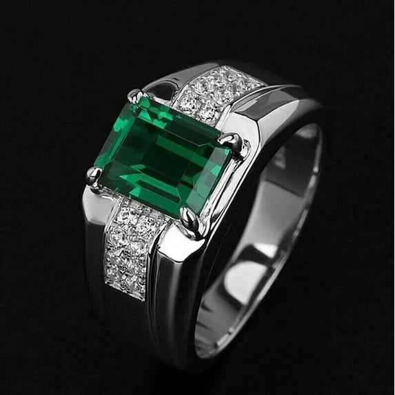 3Ct Emerald Cut Lab-Created Green Emerald Men's Wedding Ring Real 925 ...