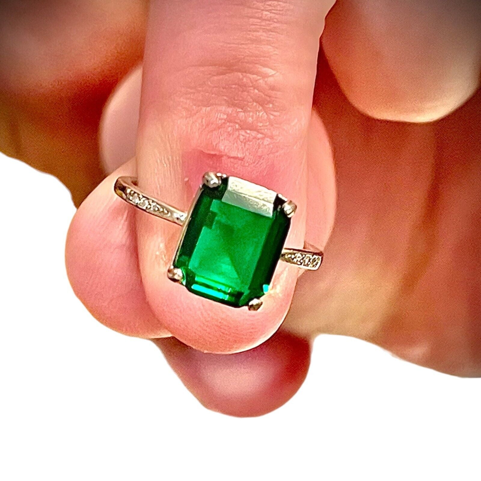 3Ct Emerald Cut Ring Green Emerald Stone Ring 14K White Gold Plated ...