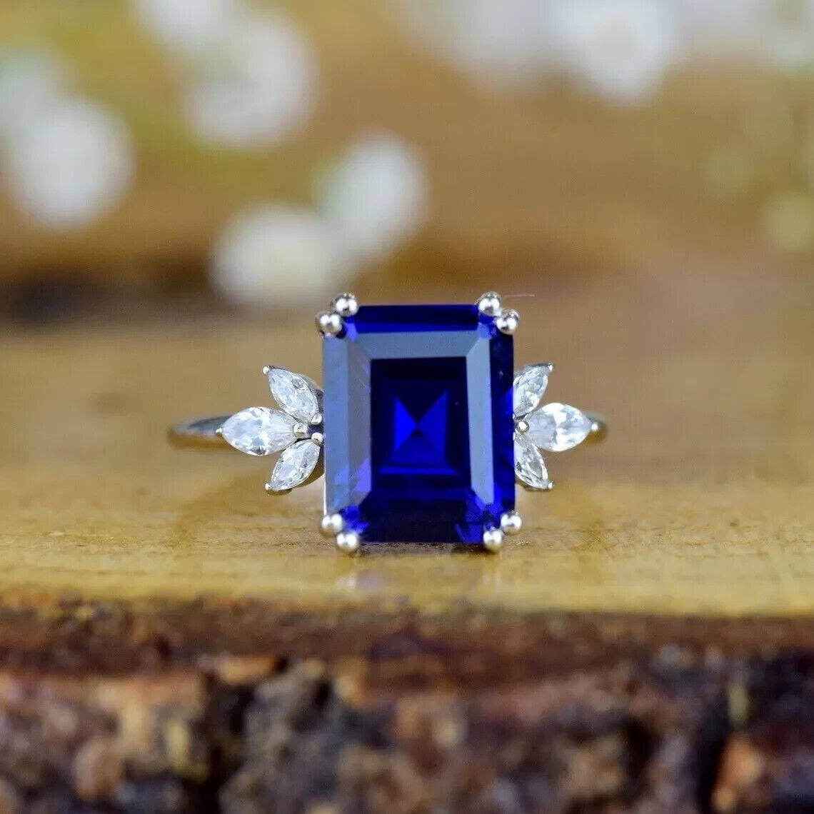 3Ct Emerald Cut Simulated Blue Sapphire Engagement Ring In 14K White ...