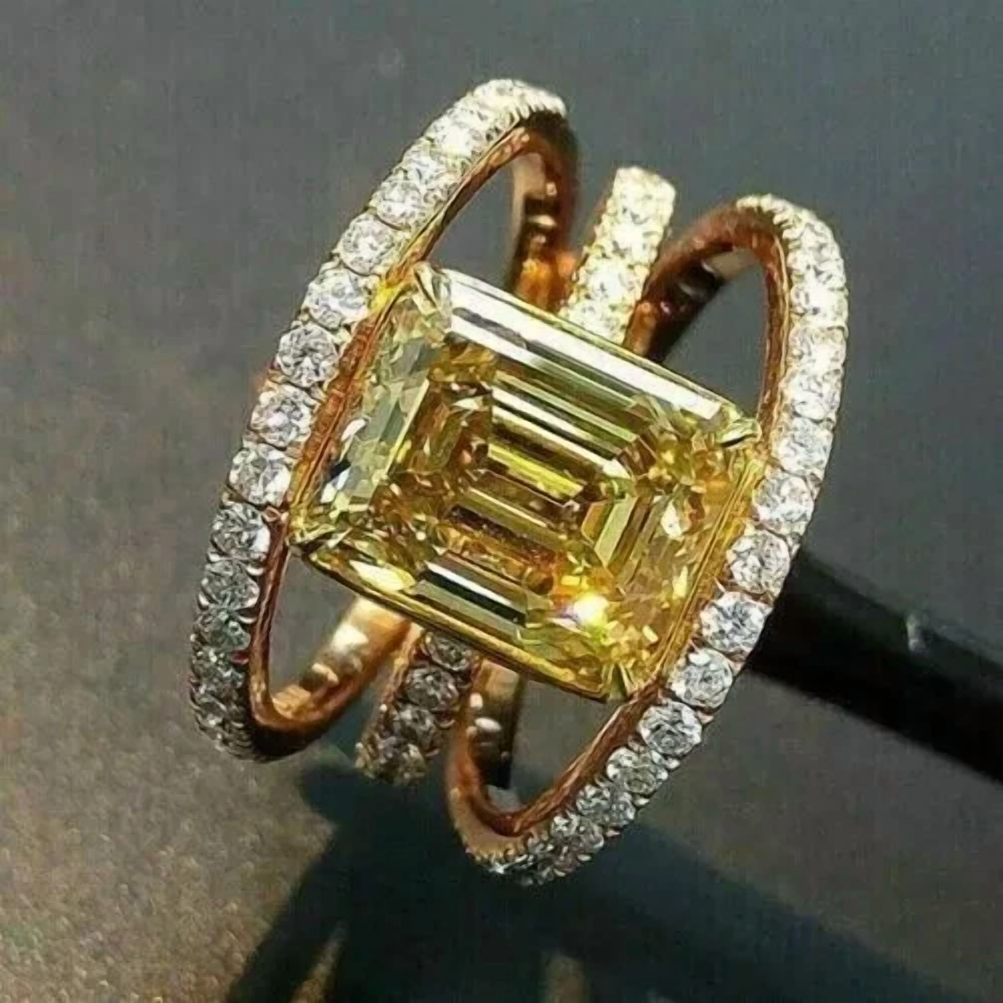 3Ct Emerald Cut Simulated Citrine Trio Set Engagement Ring 14K Yellow ...