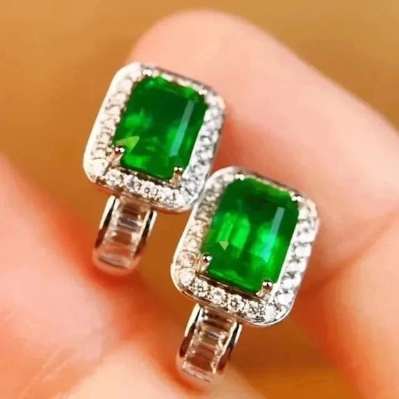 3Ct Emerald Cut Simulated Emerald Women's Hoop Earrings 14K White Gold ...