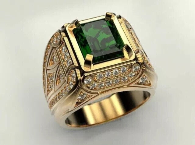 3Ct Emerald Cut Simulated Green Emerald Men's Wedding Band Ring 14k ...