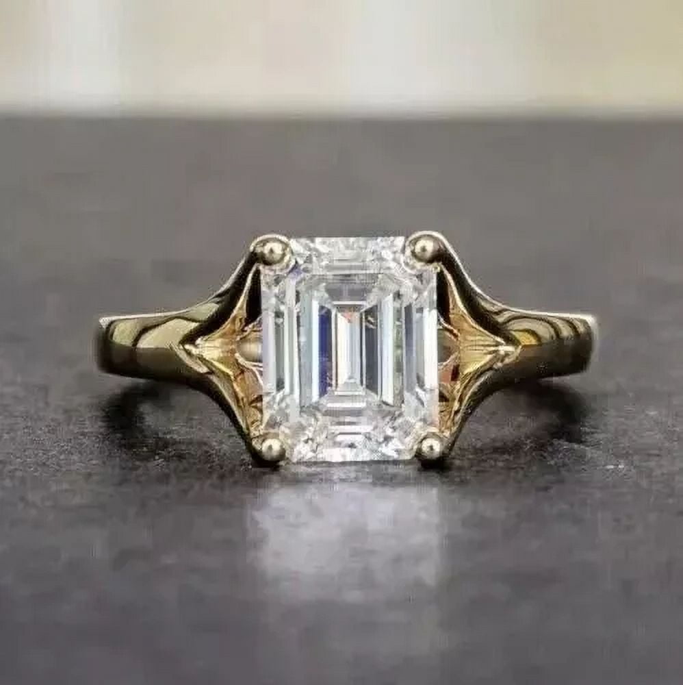 3Ct Emerald Solitaire Lab Created Diamond Engagement Ring 14K Yellow ...