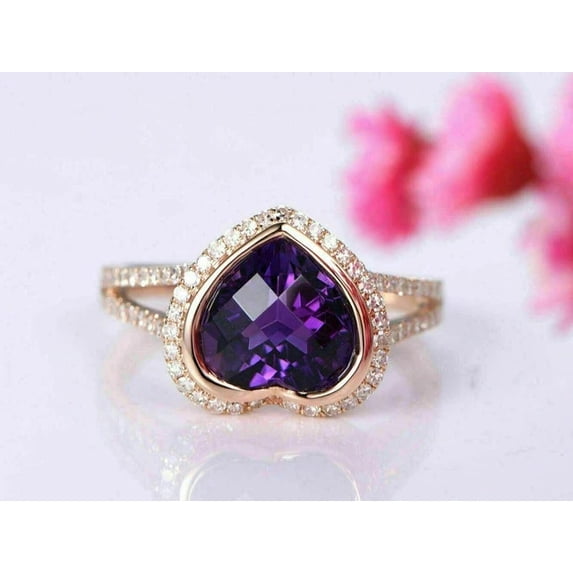 3Ct Heart Cut Lab Created Amethyst Halo Women's Bridal Ring 14K Rose ...