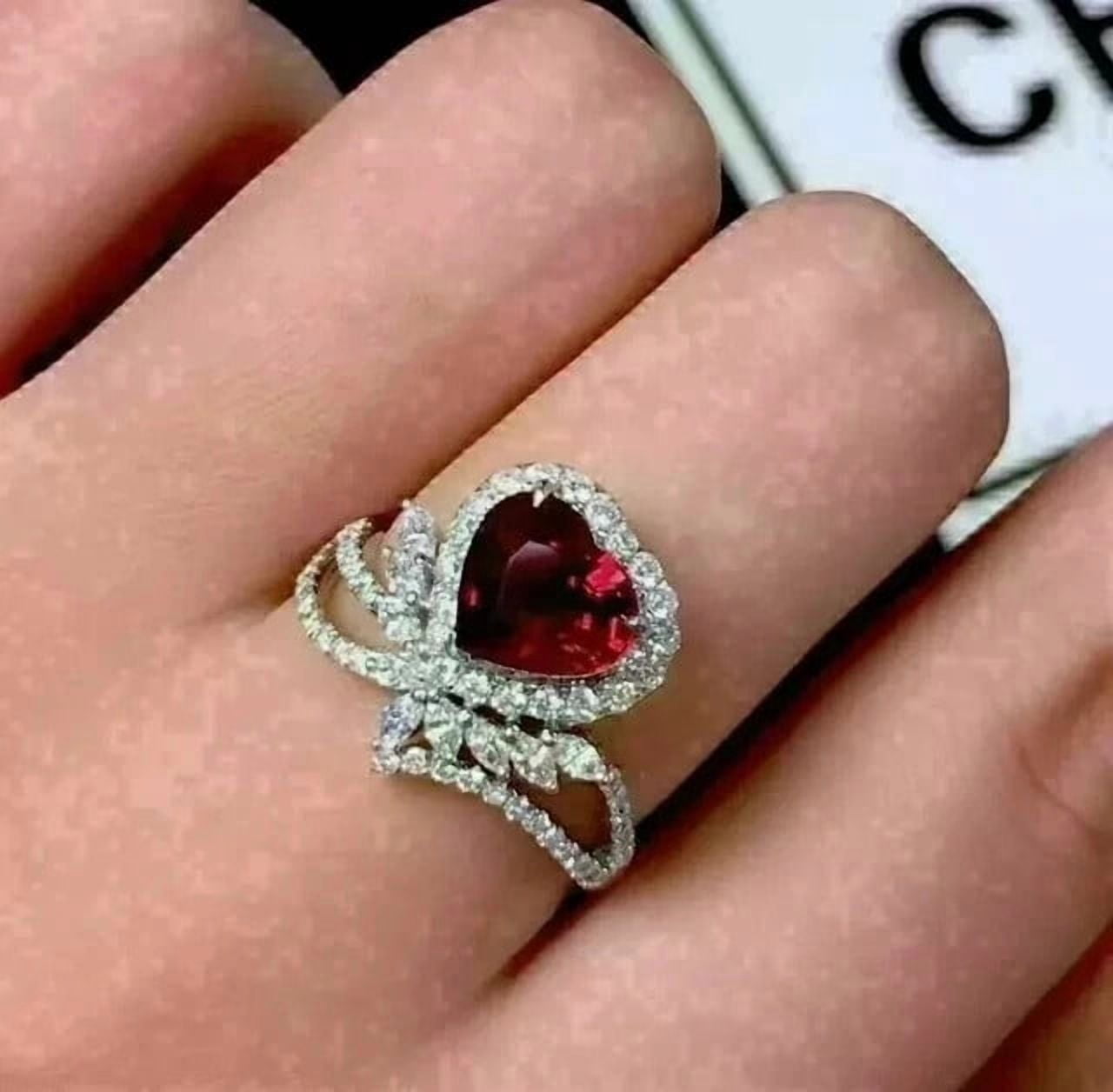 3Ct Heart Cut Simulated Red Garnet Women's Halo Weddings Gift Ring 14K ...