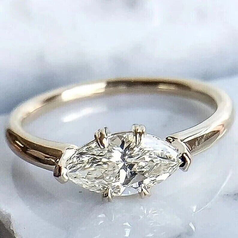 3Ct Marquise Cut Simulated Diamond Solitaire Women's Engagement Ring 14K Yellow Gold Plated 925 ...