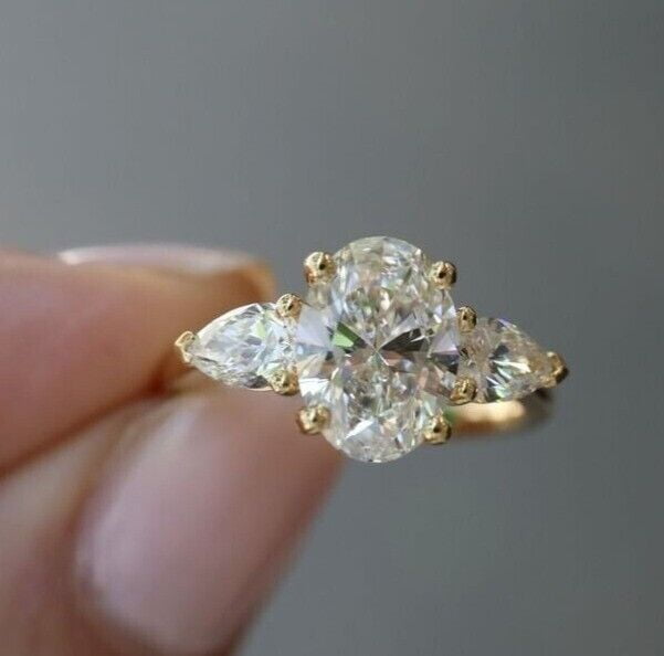 3Ct Oval Cut Lab-Created Diamond Women's 3-Stone Engagement Ring 14K ...