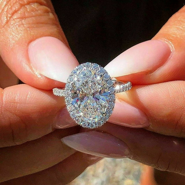 3Ct Oval Cut Simulated Diamond Halo Engagement Ring 14k White Gold ...