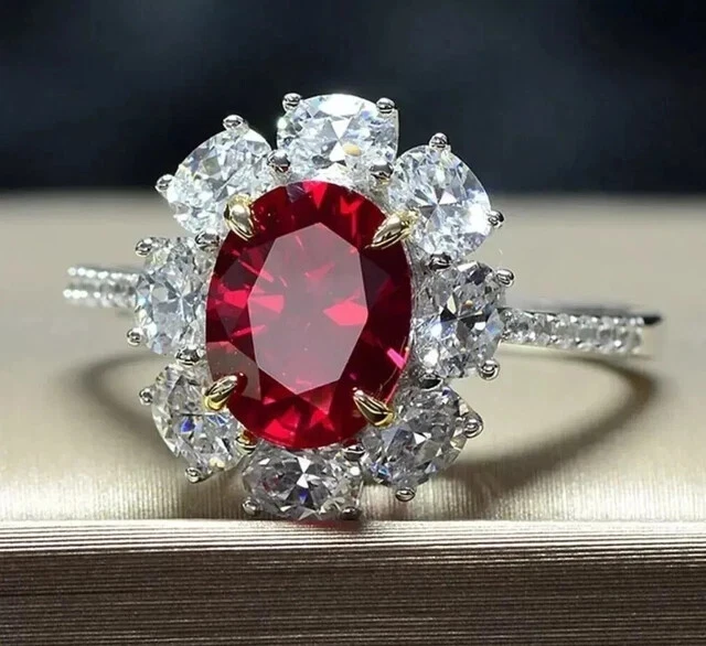 3Ct Oval Cut Simulated Red Ruby Flower Women's Cocktail Wedding Ring ...