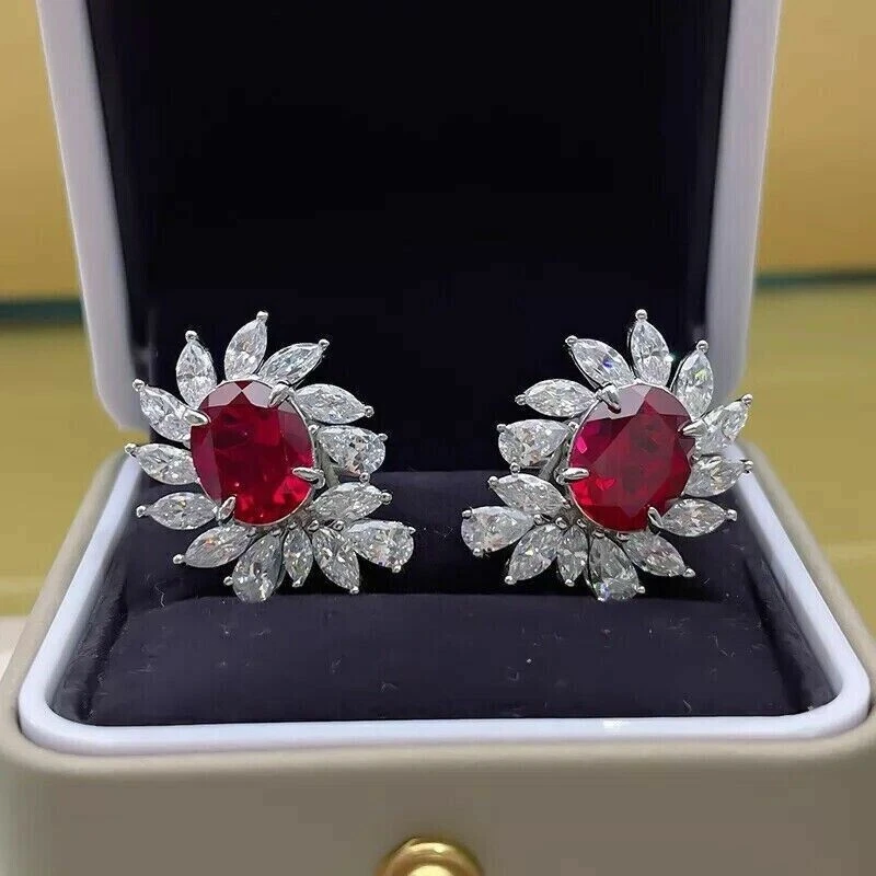 3Ct Oval Cut Simulated Red Ruby Halo Stud Earrings 14K White Gold ...