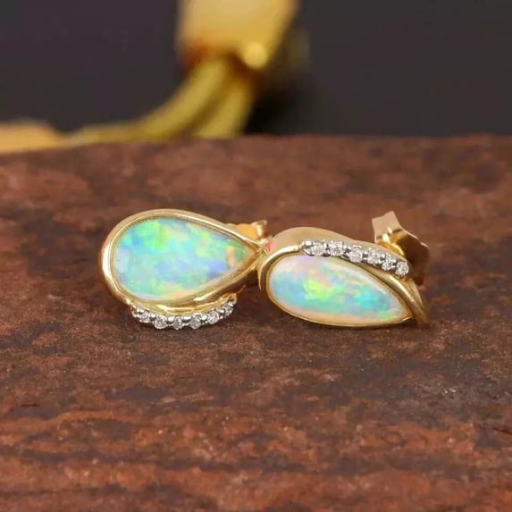 3Ct Pear Cut Lab Created Fire Opal Diamond Women's Stud Earrings 14K ...