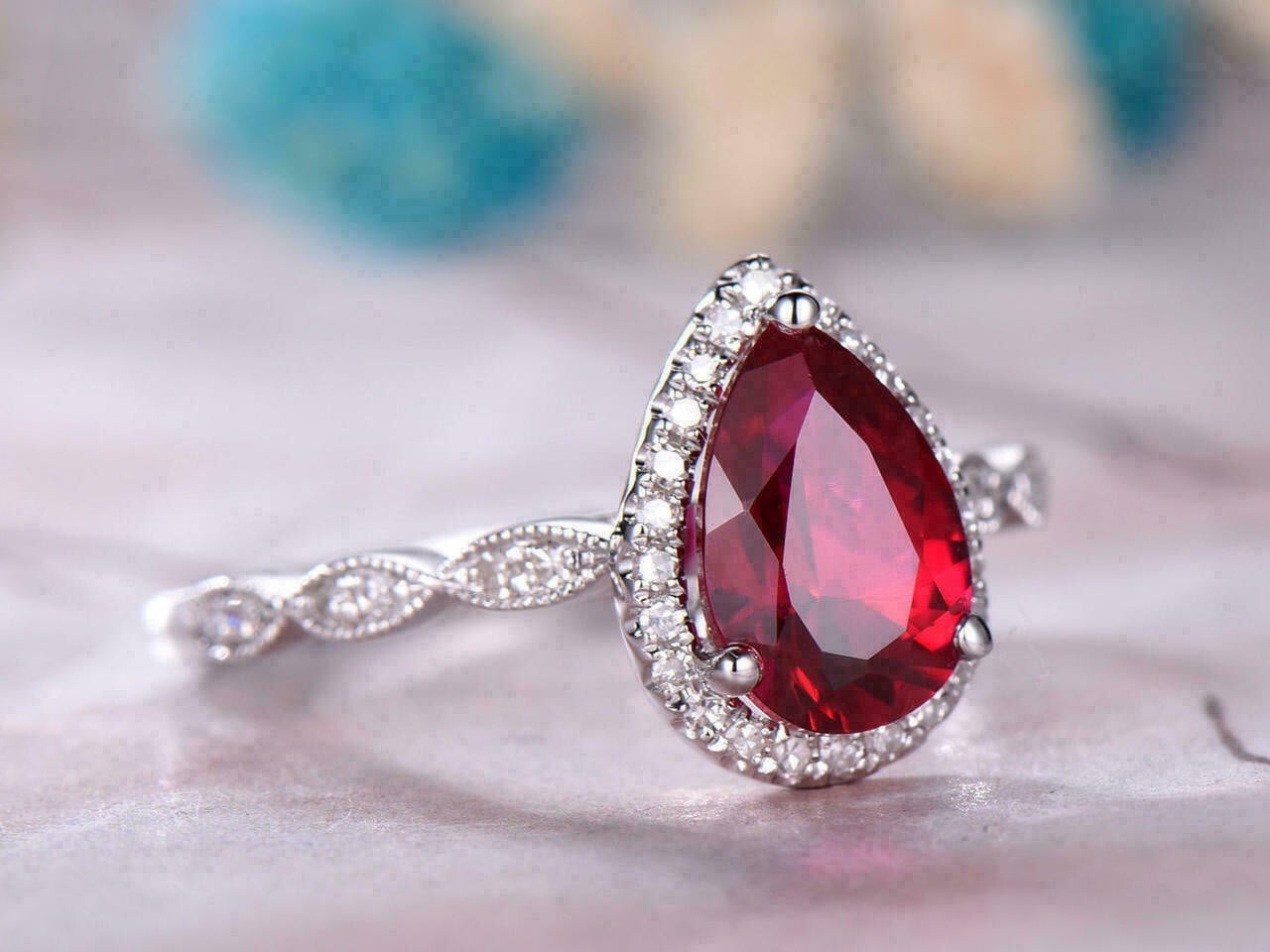 3Ct Pear Cut Lab Created Red Ruby Women Engagement Ring 14k White Gold ...