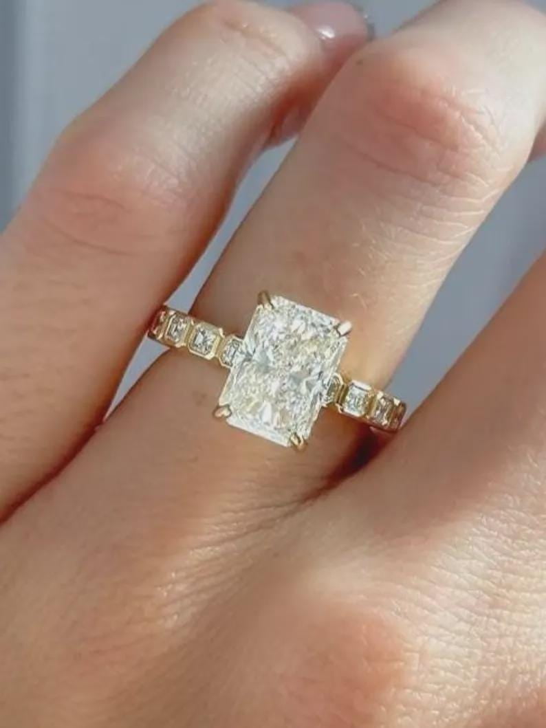 3Ct Radiant Cut Lab Created Diamond Engagement Ring 14K Yellow Gold ...