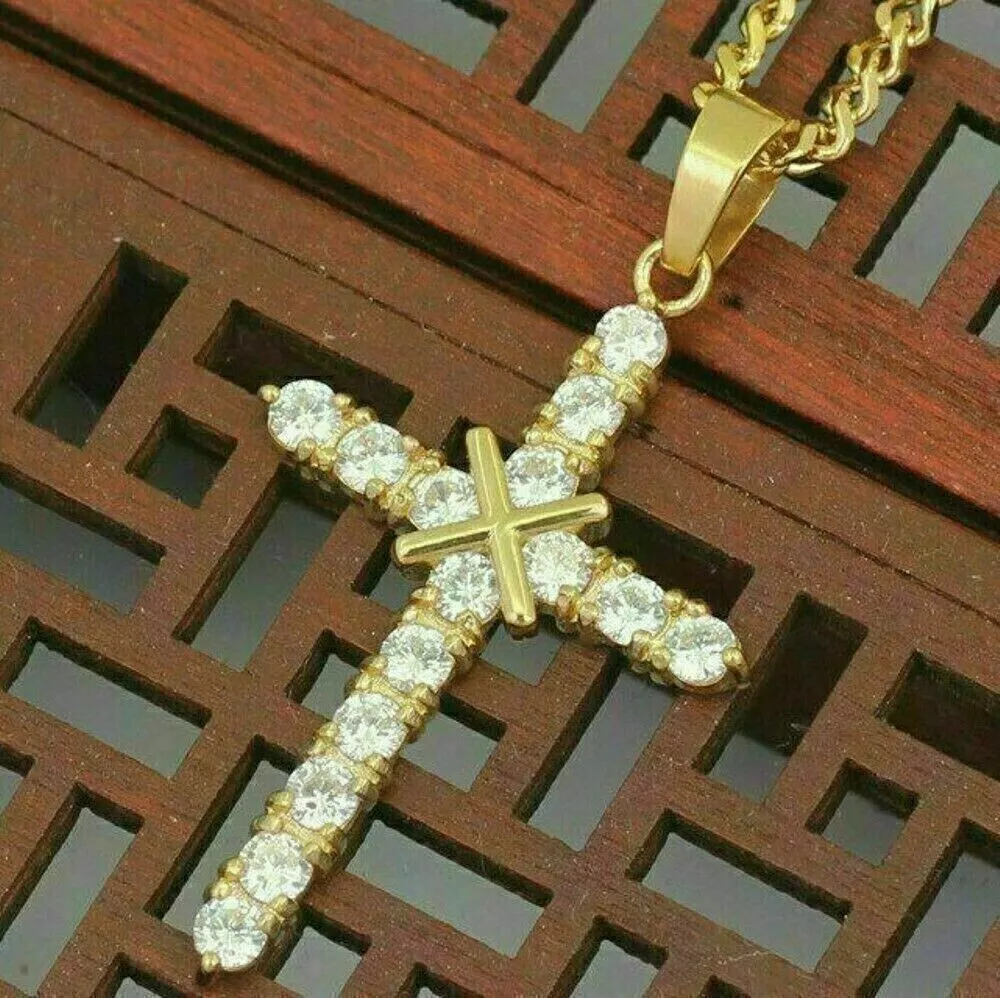 3Ct Round Cut Lab Created Diamond Cross Pendant 14k Yellow Gold Plated ...