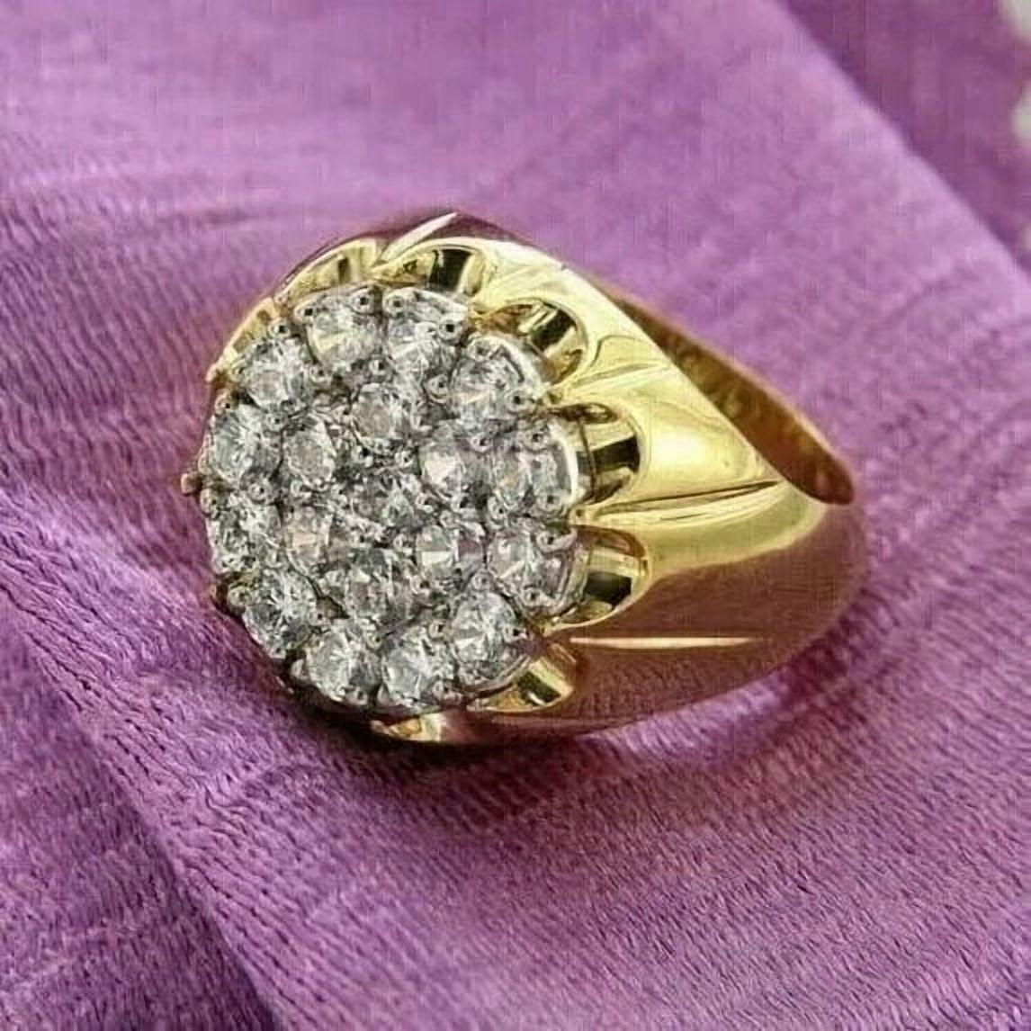 3Ct Round Cut Lab Created Diamond Men's Cluster Ring 14K Yellow Gold ...