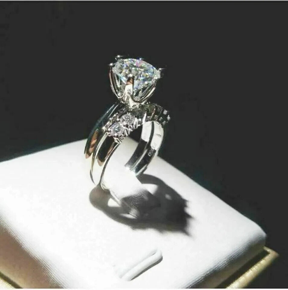 3Ct Round Cut Lab-Created Diamond Women's Wedding Bridal Ring Set 14K ...