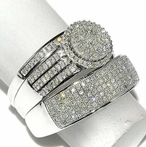 3Ct Round Cut Simulated Diamond His & Her Wedding Trio Ring Band Set ...