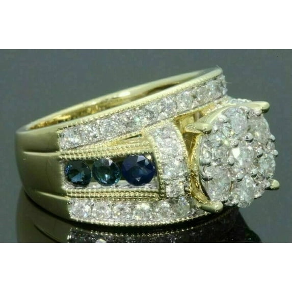 3Ct Round Lab Created Diamond Cluster Engagement Ring 14K Yellow Gold ...