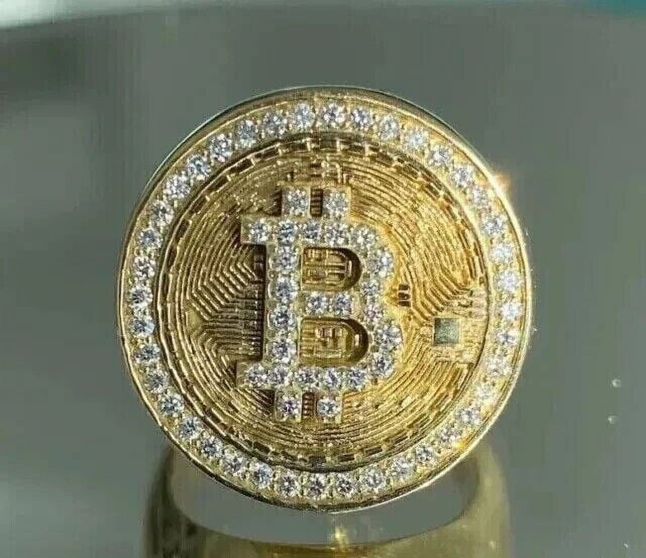 3Ct Round Real Moissanite Letter Bitcoin Men's Ring 14K Yellow Gold ...