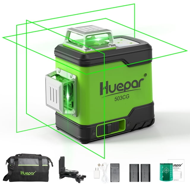 Huepar 3D 12 Lines Self-Leveling Laser Leveler, 200Ft Green Beam, 2 Li ...