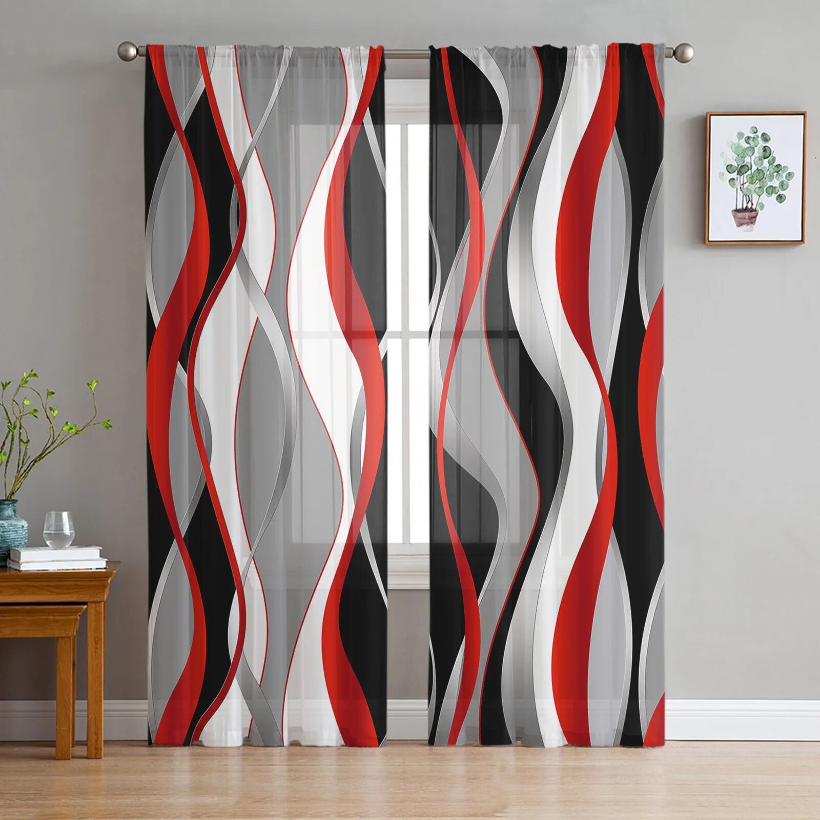 3D Abstract Lines Gradient Color Red Bedroom Transparent Sheer Curtains ...