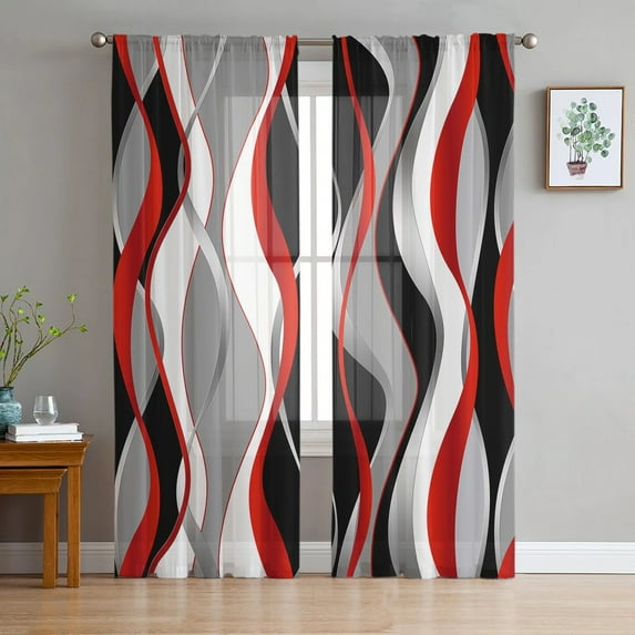 3D Abstract Lines Gradient Color Red Bedroom Transparent Sheer Curtains ...