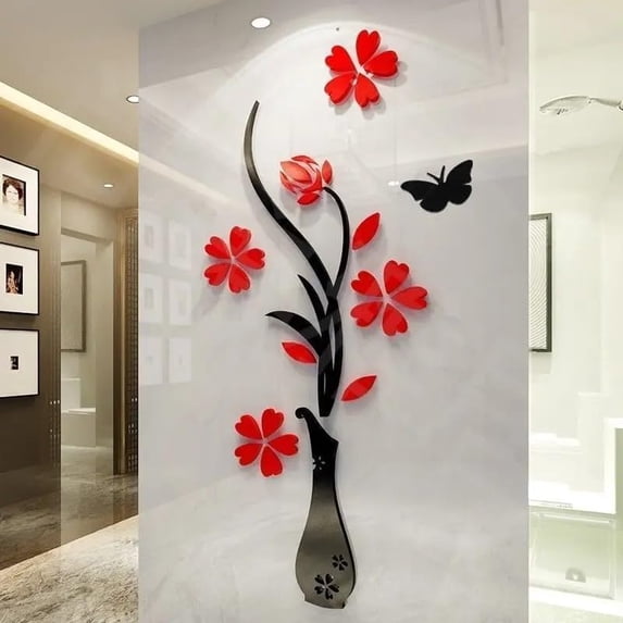 3D Acrylic Vase Plum Flower Tree Wall Stickers MultiPiece Vase Flower ...