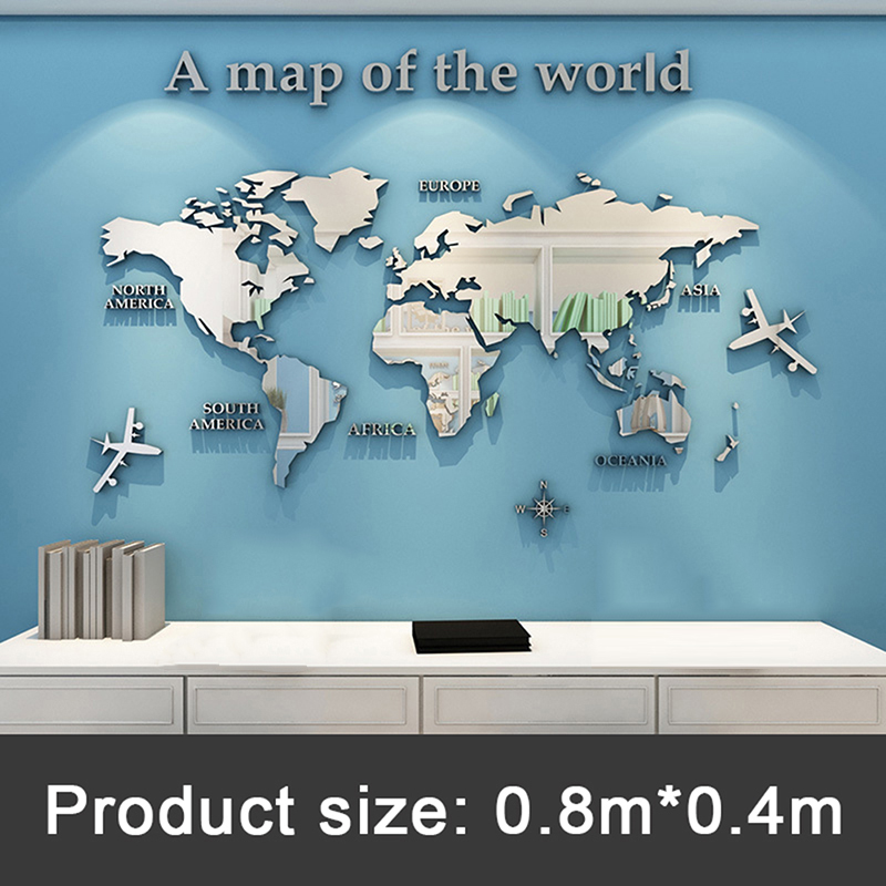 3D Acrylic World Map Wall Stickers Three-Dimensional Mirror Stickers ...