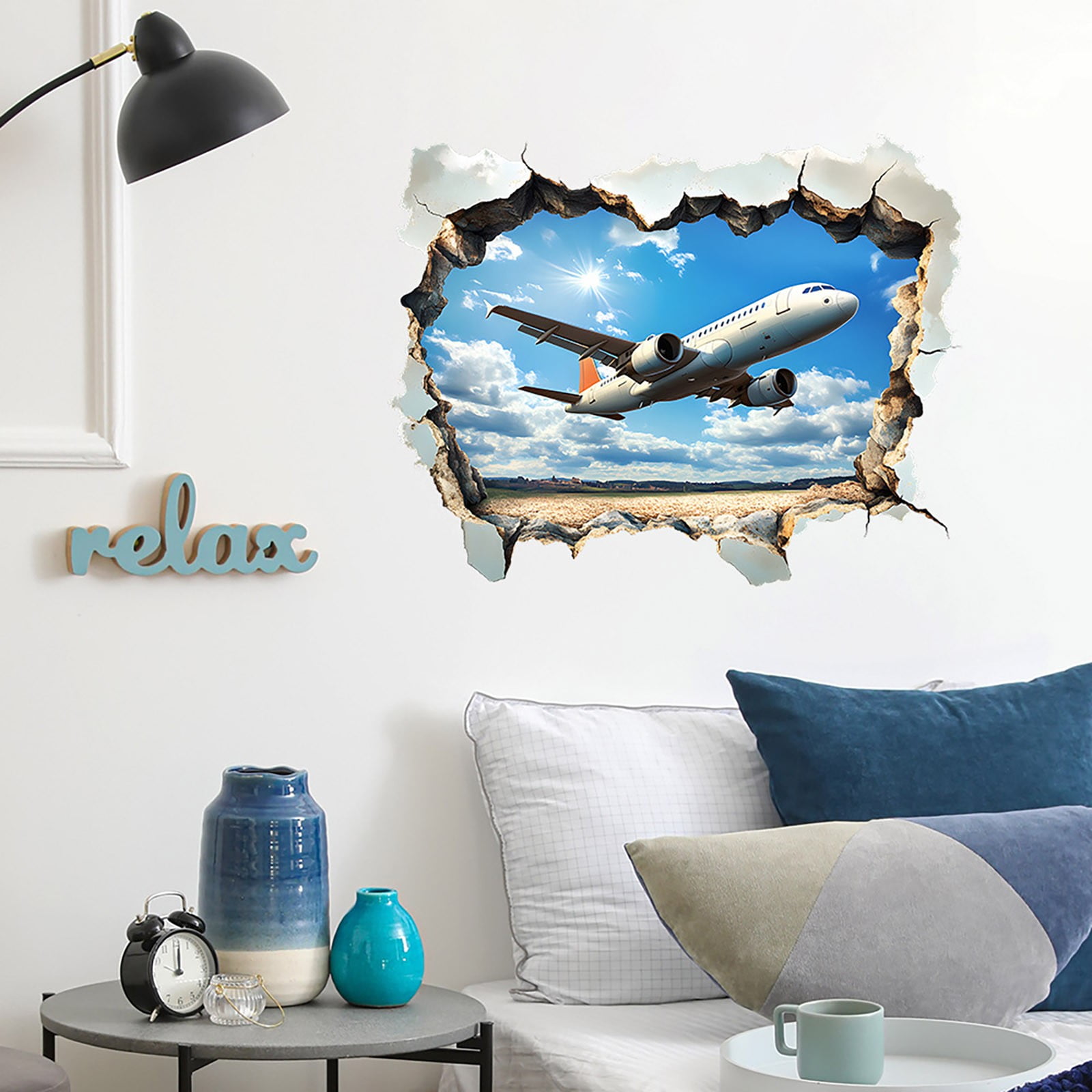 3D Airplane Wall Decal - Realistic Broken Wall Design With Flying Plane ...
