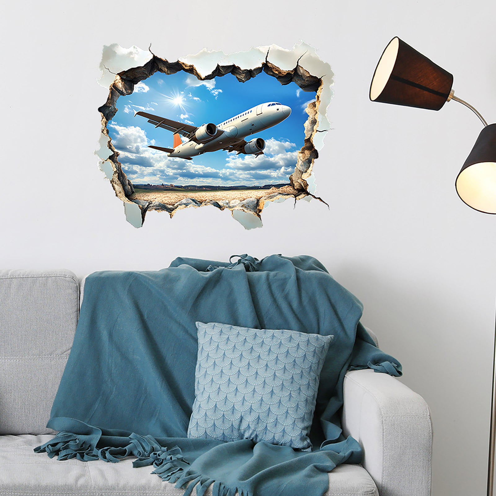 3D Airplane Wall Decal Stunning Sky View Through Cracked Wall Art for ...