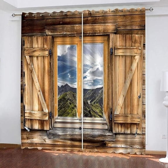 3D Alpine Landscape Blackout Curtains, Abstract Vintage Wood Planks ...