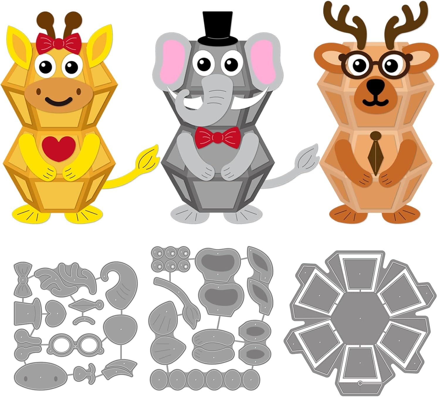 3D Animal Themed Gift Box Elephant Sika Deer Cutting Dies Hexagonal ...