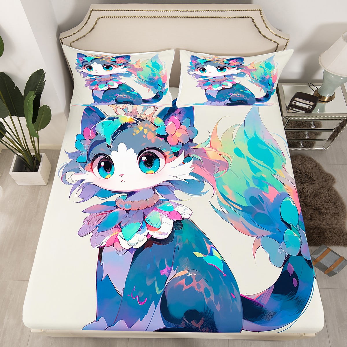 3D Anime Cat Bedding Set for Animal Lovers Cartoon Lovely Cat Fitted ...