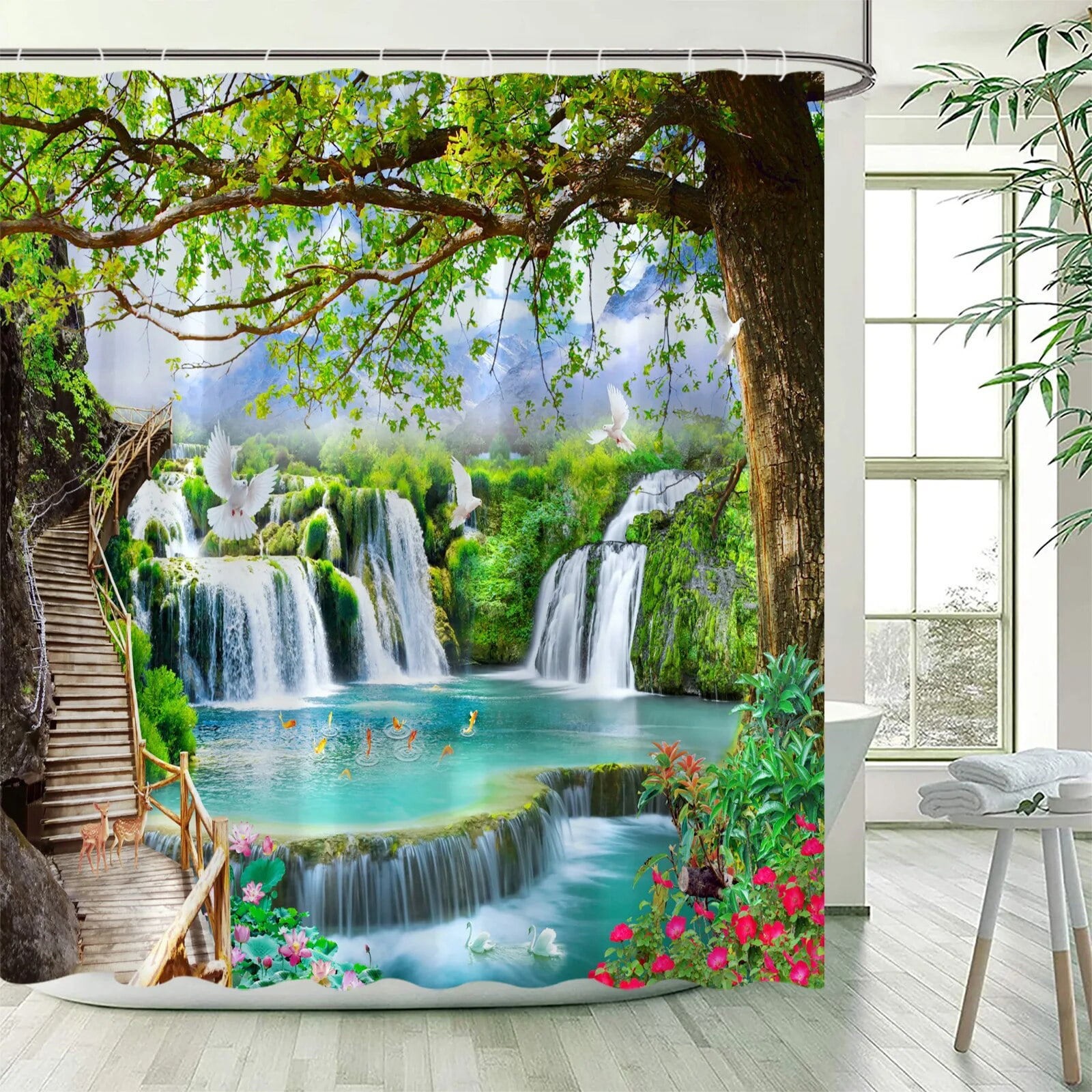 3d Arch Garden Landscape Shower Curtain Forest Waterfall Nature Scenery