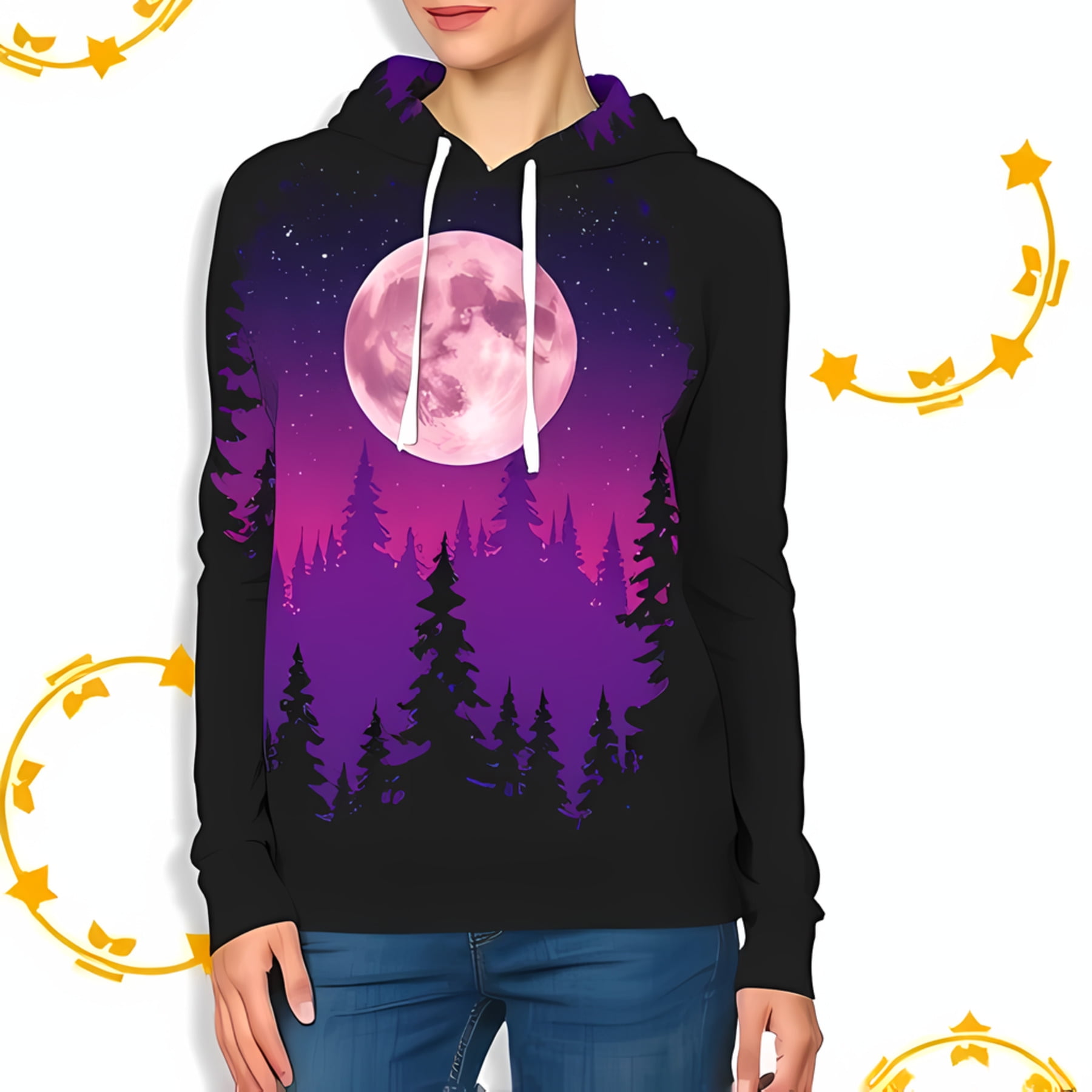 3D Artistic Black Hoodie with Glowing Pink Moon & Trees - Mystical Night Sky Design Perfect for ...