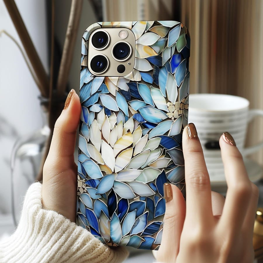 3D Artistic Stained Glass Mosaic Blue Floral Design Phone Case 11 12 13 ...
