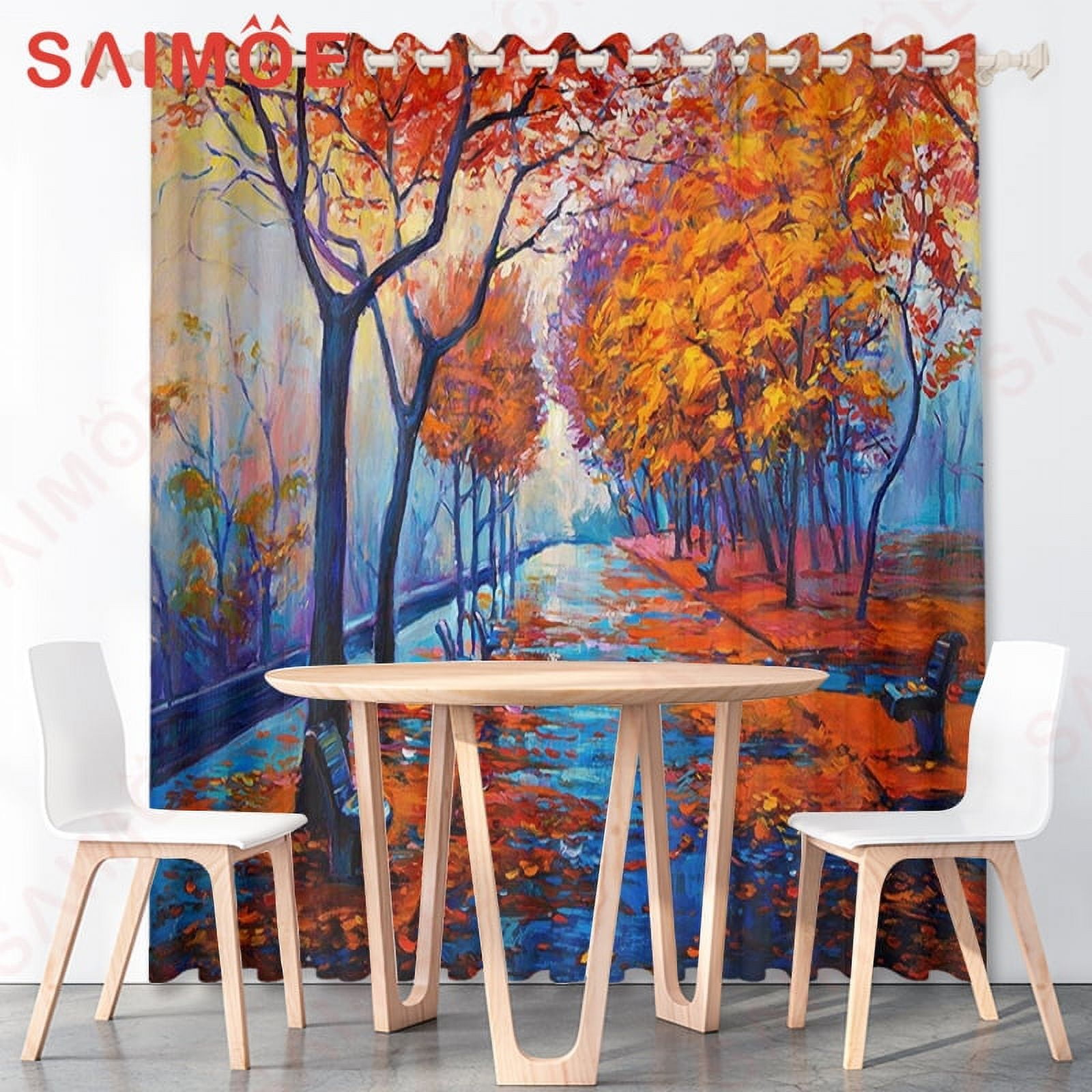 3D Autumn Maple Yellow Woods Curtains Fallen Leaves Blue Sky White ...