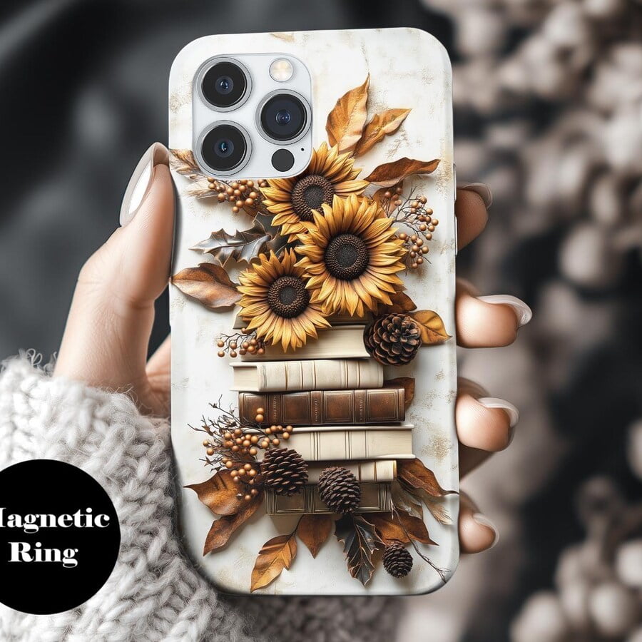 3D Autumn Sunflowers and Books Fall Phone Case for Book Lovers with ...