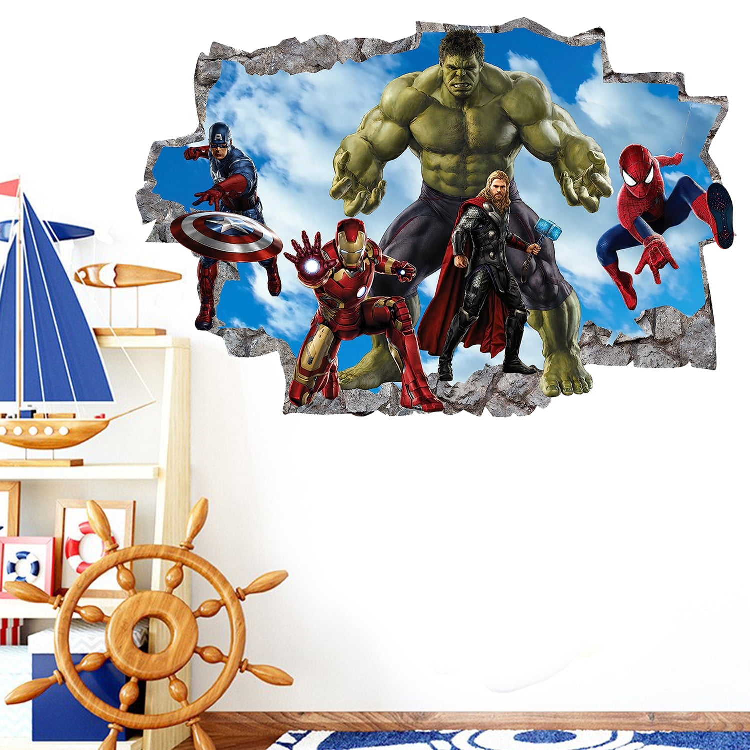 3D Avengers Breaking Through Wall Sticker 3D Hulk Captain America ...