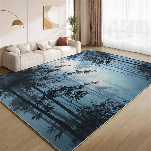 3D Bamboo Forest Area Rugs, Misty Blue Landscape Carpet, Washable Non ...