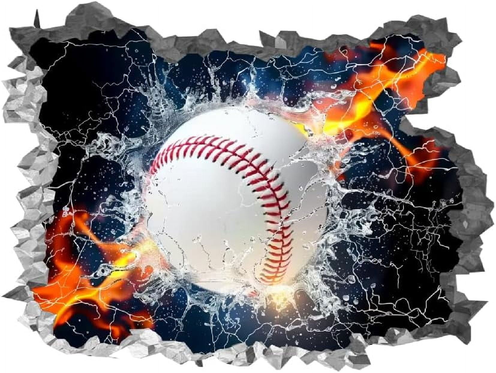 3D Baseball Wall Sticker Breaking Wall Decal Baseball in Fire and Water ...