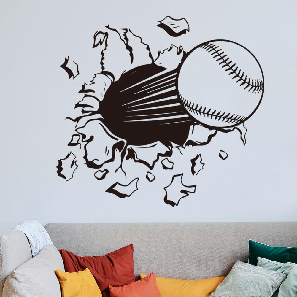 3D Baseball Wall Stickers Baseball Breaks Walls Decals Kids Room Vinyl ...
