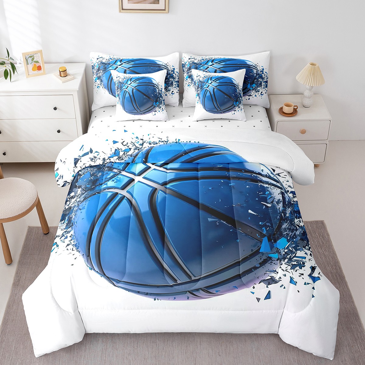 3D Basketball Full Comforter Set with Sheets - 7 Pieces Blue Basketball ...