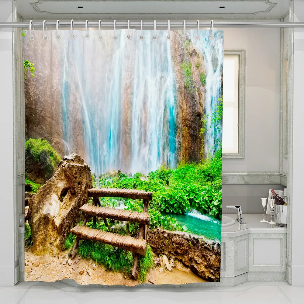 3D Bathroom Shower Curtain Waterfall Garden Water Plant Flower ...