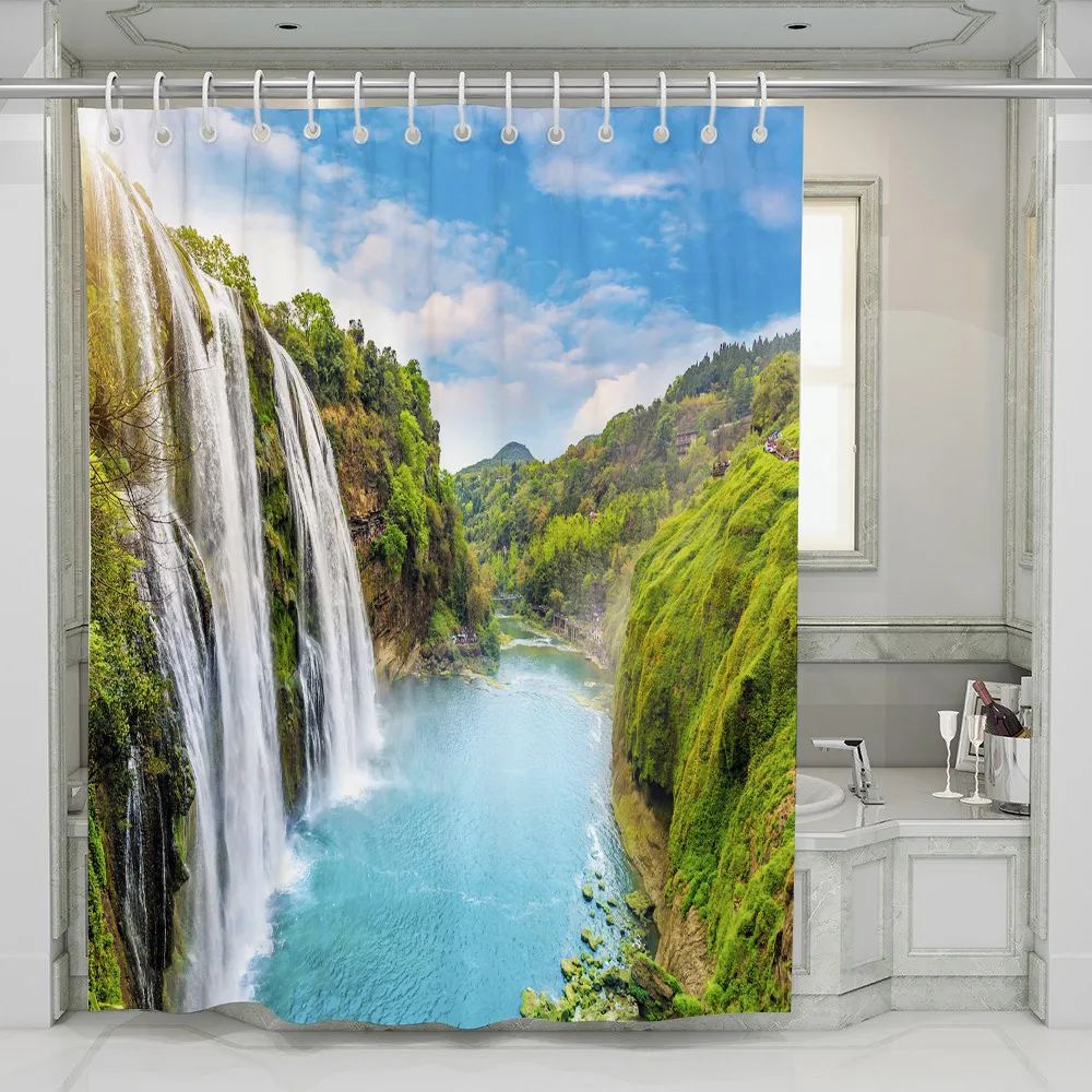 3D Bathroom Shower Curtain Waterfall Garden Water Plant Flower ...